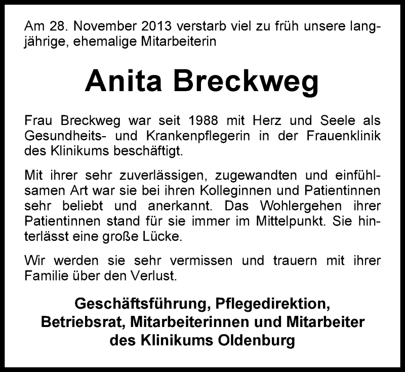 Traueranzeigen von Anita Breckweg | nordwest-trauer.de