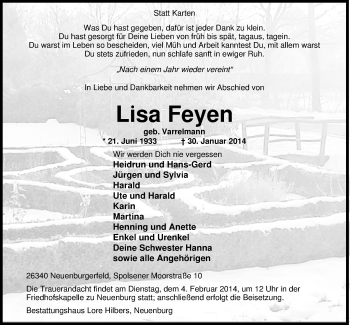 Traueranzeigen von Lisa Feyen | nordwest-trauer.de