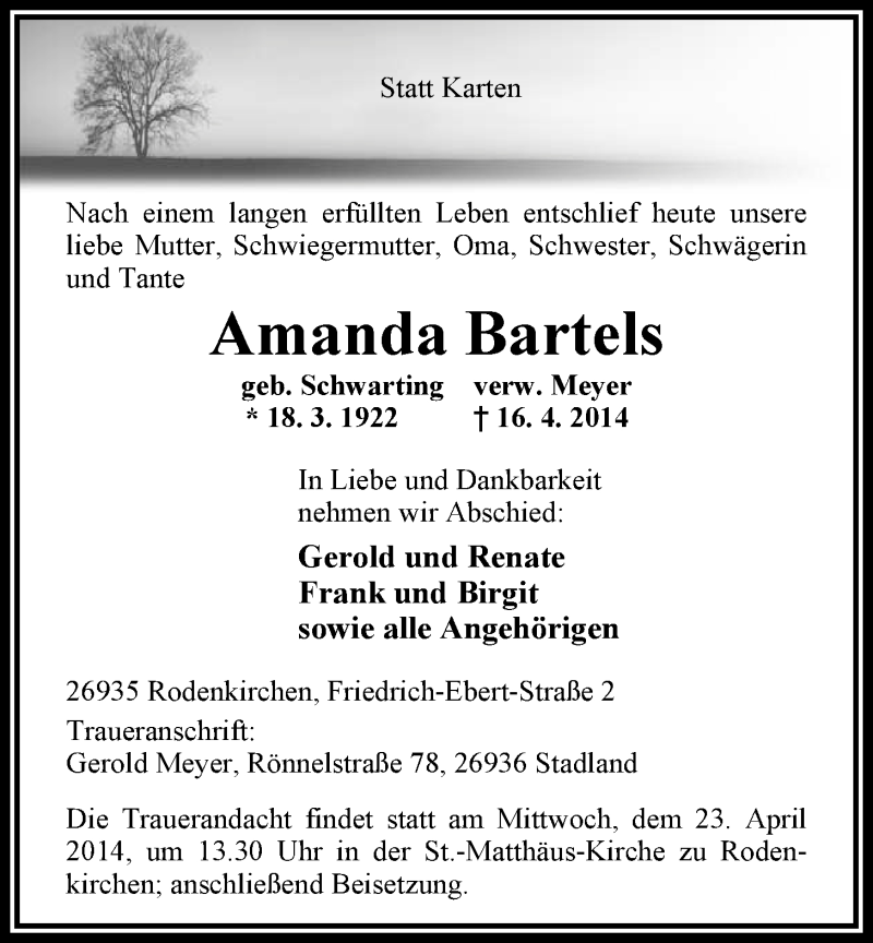 Traueranzeigen von Amanda Bartels | nordwest-trauer.de