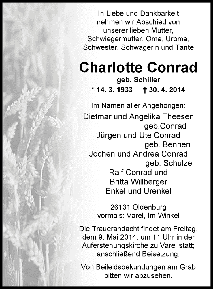 Traueranzeigen von Charlotte Conrad | nordwest-trauer.de