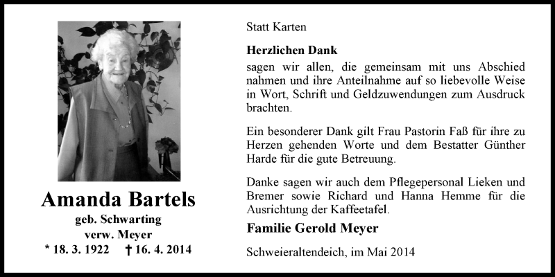 Traueranzeigen von Amanda Bartels | nordwest-trauer.de