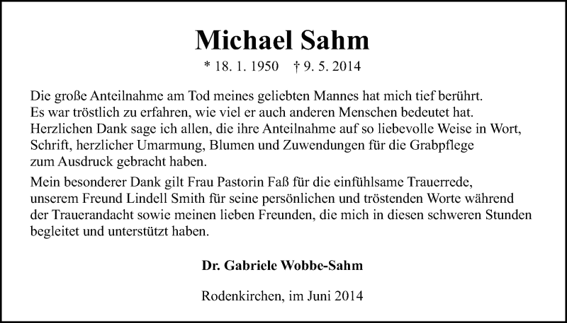 Traueranzeigen von Michael Sahm | nordwest-trauer.de