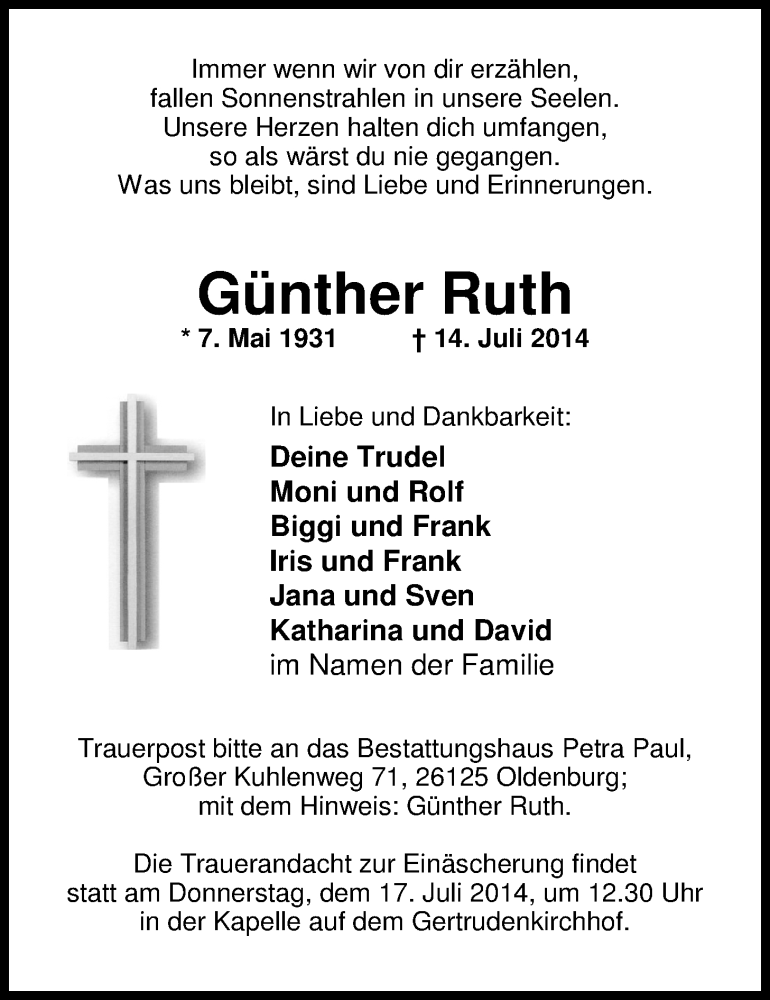 Traueranzeigen von Günther Ruth | nordwest-trauer.de
