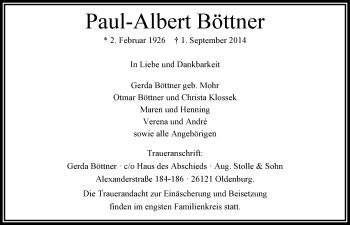 Traueranzeigen von Paul-Albert Böttner | nordwest-trauer.de