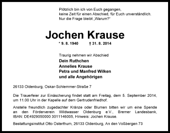 Traueranzeigen von Jochen Krause | nordwest-trauer.de