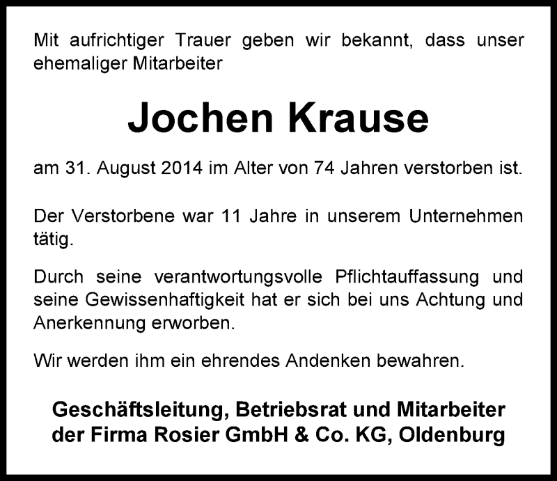 Traueranzeigen von Jochen Krause | nordwest-trauer.de