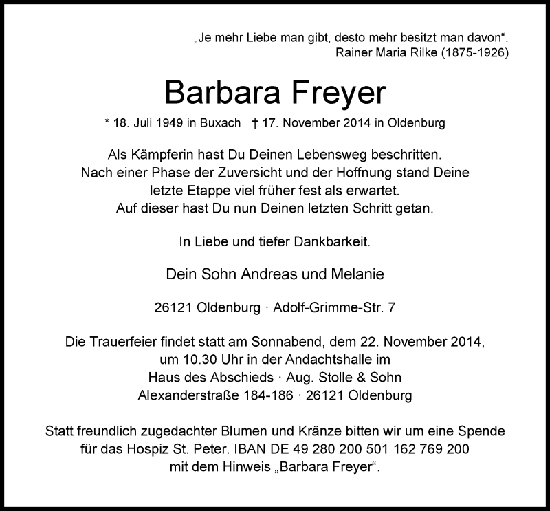 Traueranzeigen von Barbara Freyer | nordwest-trauer.de