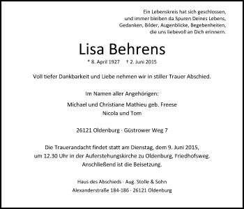 Traueranzeigen von Lisa Behrens | nordwest-trauer.de