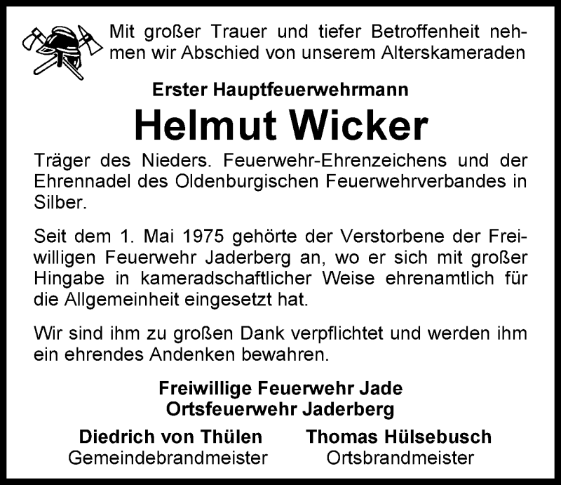 Traueranzeigen von Helmut Wicker | nordwest-trauer.de