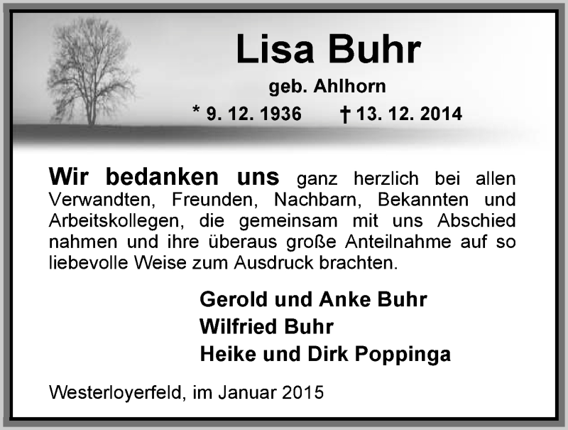 Traueranzeigen von Lisa Buhr | nordwest-trauer.de