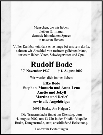 Traueranzeigen von Rudolf Bode | nordwest-trauer.de