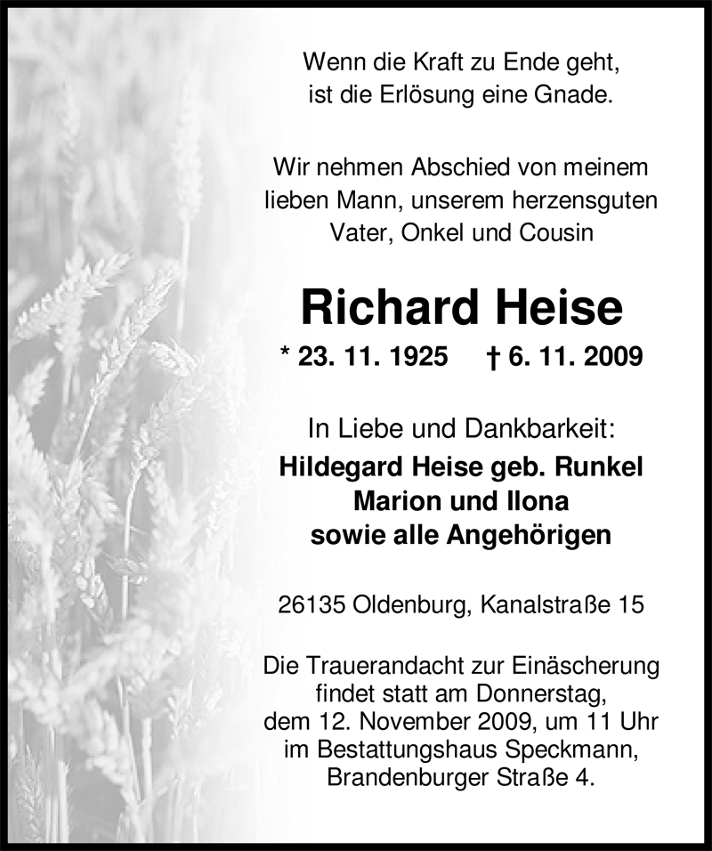 Traueranzeigen von Richard Heise | nordwest-trauer.de