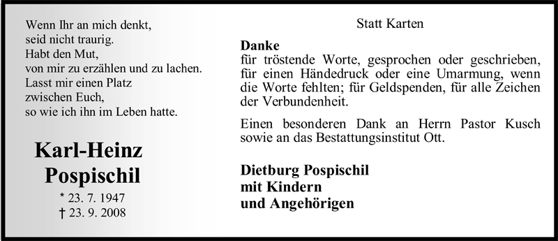 Traueranzeigen von Karl-Heinz Pospischil | nordwest-trauer.de