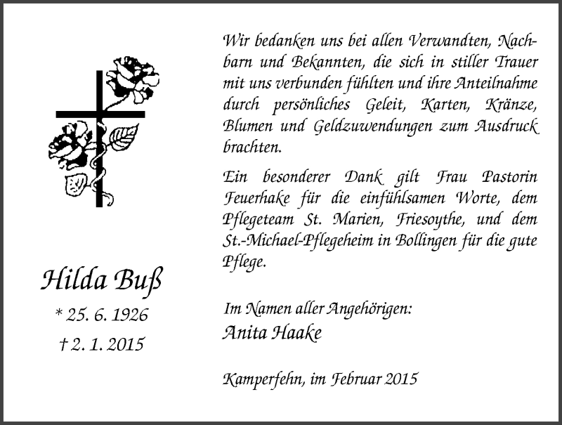 Traueranzeigen von Hilda Buß | nordwest-trauer.de