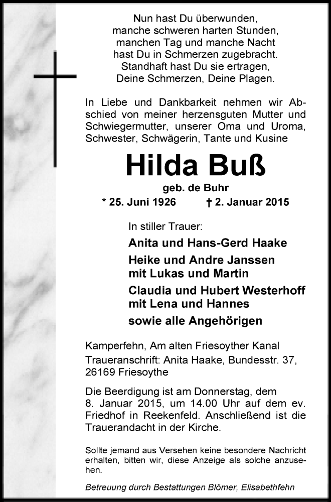 Traueranzeigen von Hilda Buß | nordwest-trauer.de