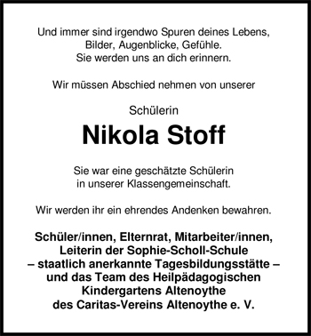 Traueranzeigen von Nikola Stoff | nordwest-trauer.de