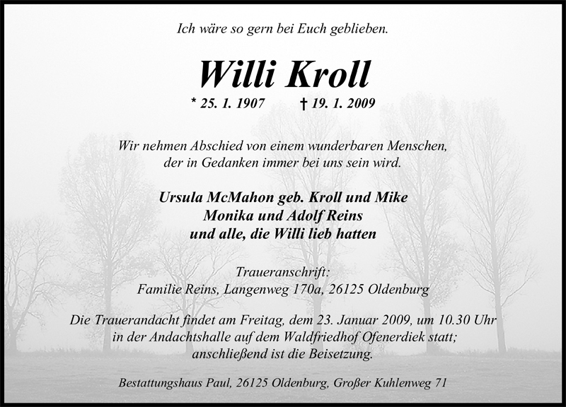 Traueranzeigen von Willi Kroll | nordwest-trauer.de