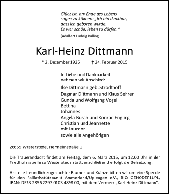Traueranzeigen von Karl-Heinz Dittmann | nordwest-trauer.de