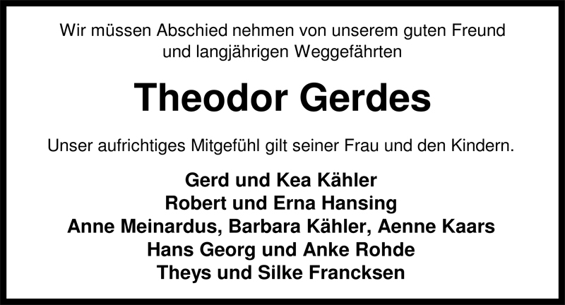 Traueranzeigen von Theodor Gerdes | nordwest-trauer.de