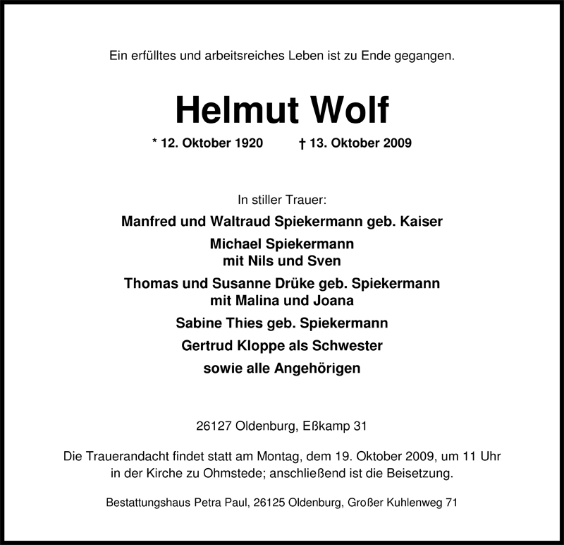 Traueranzeigen von Helmut Wolf | nordwest-trauer.de