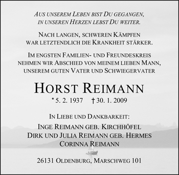 Traueranzeigen von Horst Reimann | nordwest-trauer.de