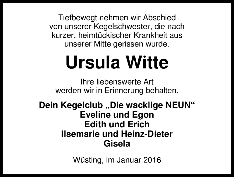 Traueranzeigen von Ursula Witte | nordwest-trauer.de