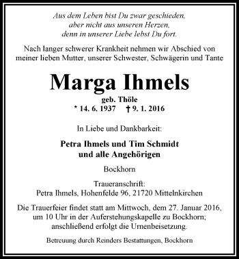 Traueranzeigen von Marga Ihmels | nordwest-trauer.de