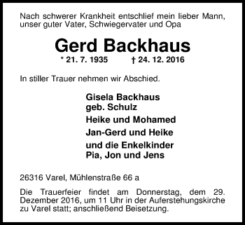 Traueranzeigen von Gerd Backhaus | nordwest-trauer.de