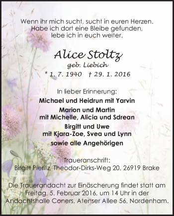 Traueranzeigen von Alice Stoltz | nordwest-trauer.de