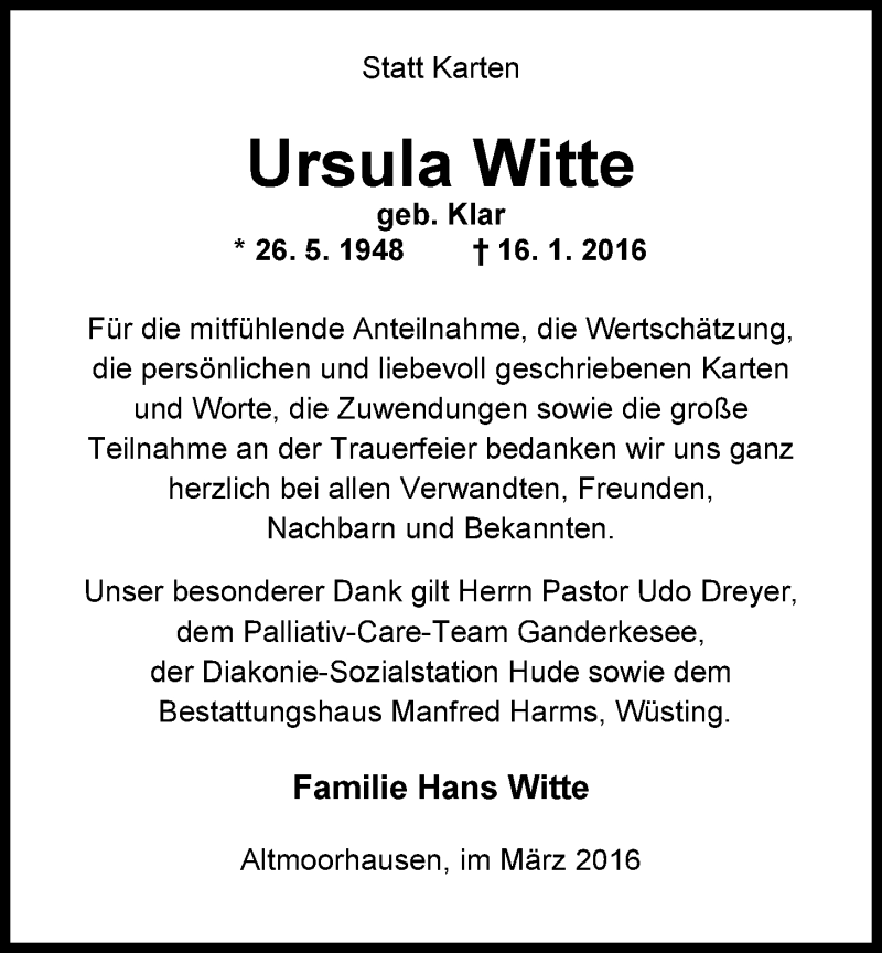 Traueranzeigen von Ursula Witte | nordwest-trauer.de
