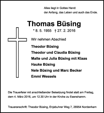 Traueranzeigen von Thomas Büsing | nordwest-trauer.de