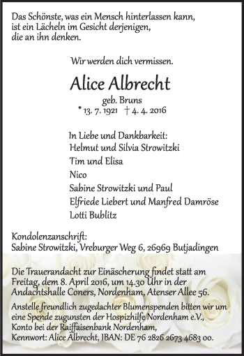 Traueranzeigen von Alice Albrecht | nordwest-trauer.de
