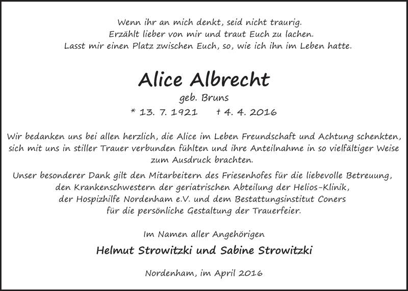 Traueranzeigen von Alice Albrecht | nordwest-trauer.de