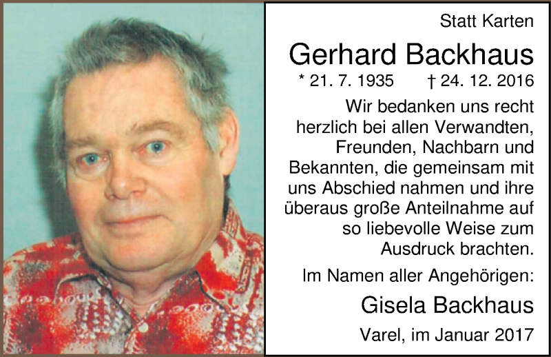 Traueranzeigen von Gerd Backhaus | nordwest-trauer.de