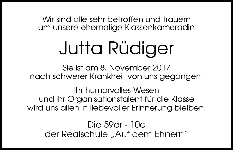 Traueranzeigen von Jutta Rüdiger | nordwest-trauer.de