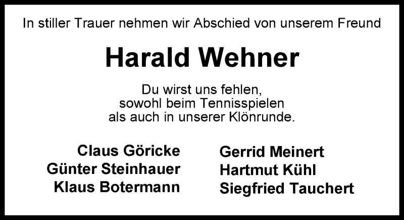 Traueranzeigen von Harald Wehner | nordwest-trauer.de