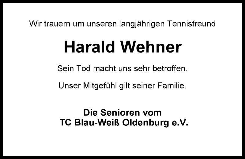 Traueranzeigen von Harald Wehner | nordwest-trauer.de
