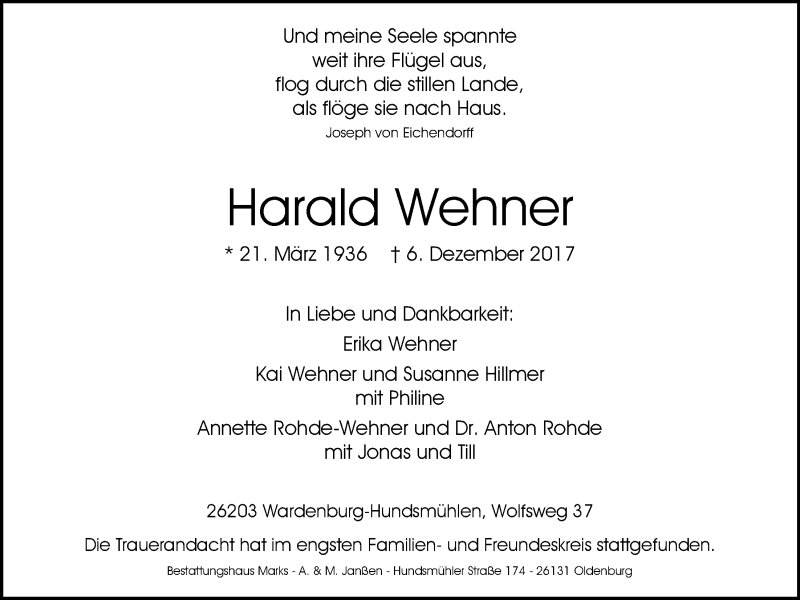 Traueranzeigen von Harald Wehner | nordwest-trauer.de