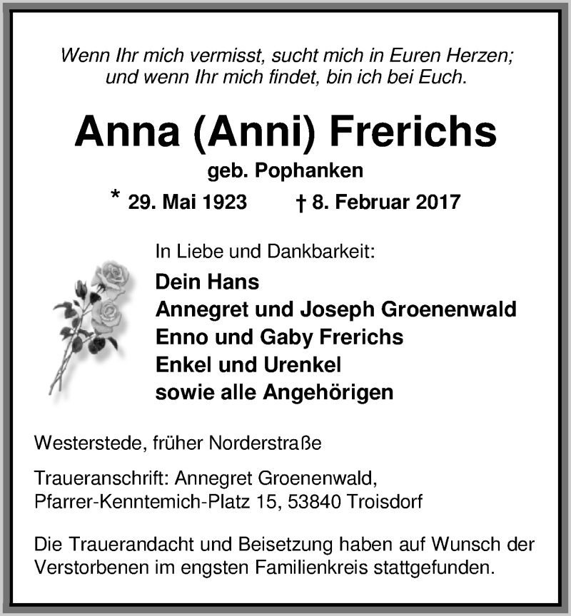 Traueranzeigen von Anna Frerichs | nordwest-trauer.de