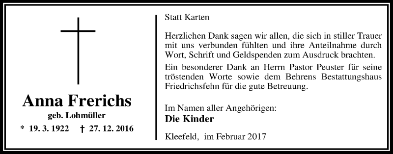 Traueranzeigen von Anna Frerichs | nordwest-trauer.de