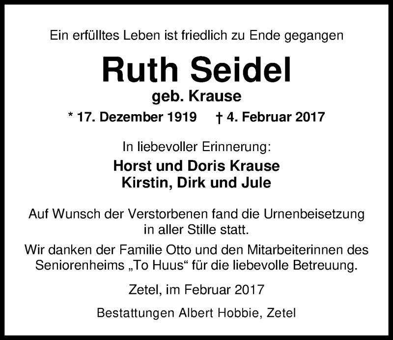 Traueranzeigen von Ruth Seidel | nordwest-trauer.de