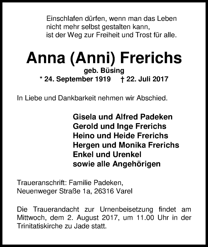 Traueranzeigen von Anna (Anni) Frerichs | nordwest-trauer.de