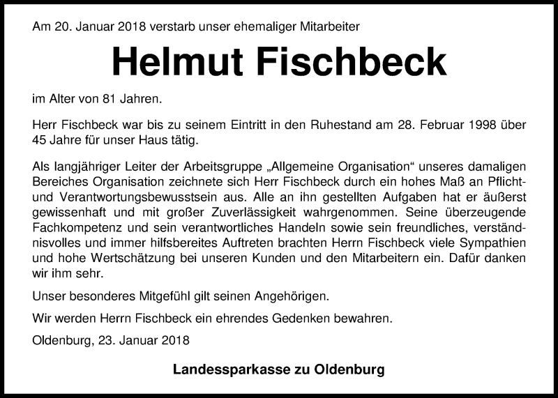 Traueranzeigen von Helmut Fischbeck | nordwest-trauer.de