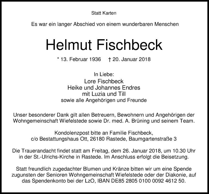Traueranzeigen von Helmut Fischbeck | nordwest-trauer.de