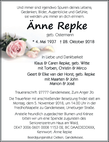 Traueranzeigen von Änne Repke | nordwest-trauer.de