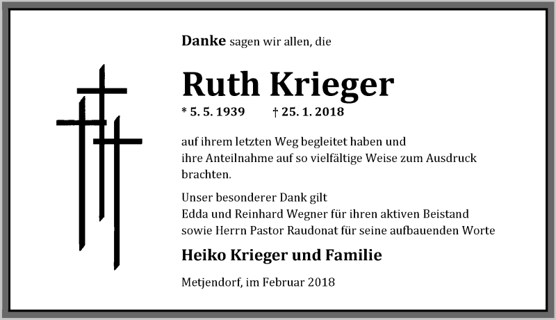 Traueranzeigen von Ruth Krieger | nordwest-trauer.de
