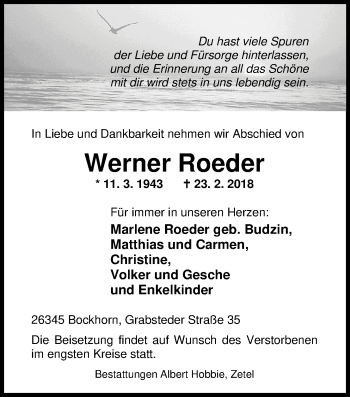 Traueranzeigen von Werner Roeder | nordwest-trauer.de