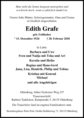 Traueranzeigen von Edith Grafe | nordwest-trauer.de