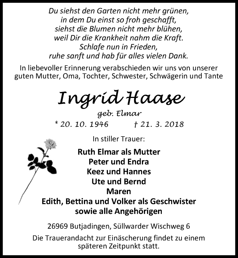 Traueranzeigen von Ingrid Haase | nordwest-trauer.de