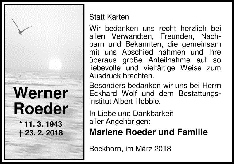 Traueranzeigen von Werner Roeder | nordwest-trauer.de